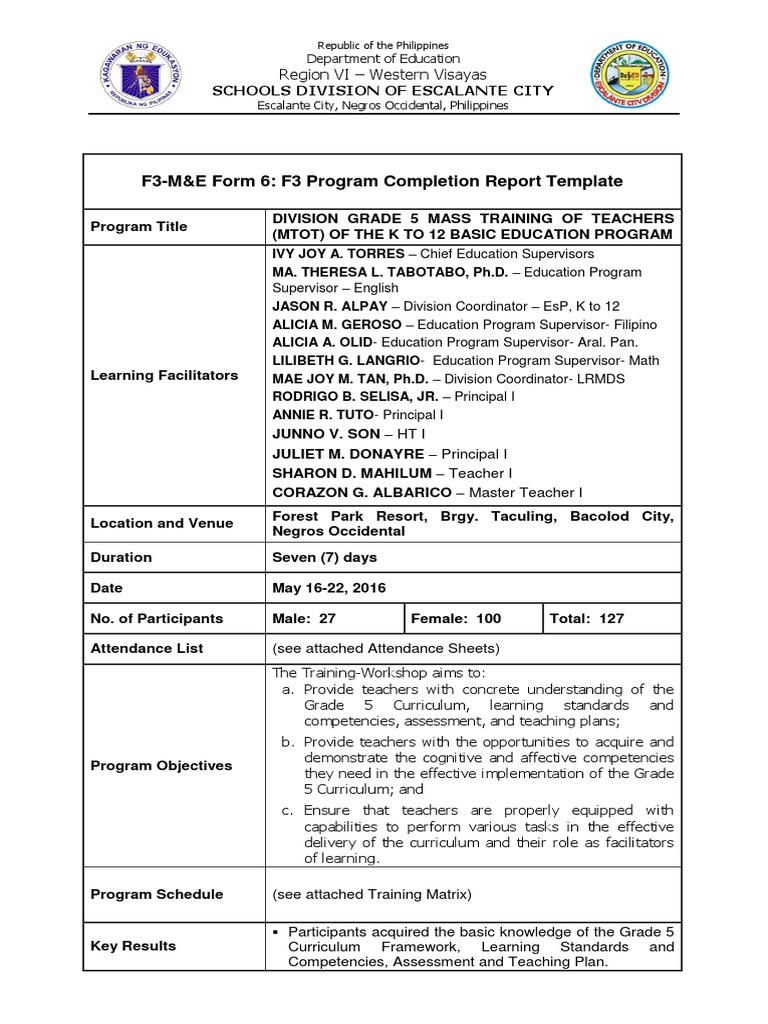 Sample Program Completion Report (PCR) | PDF | Curriculum | Learning