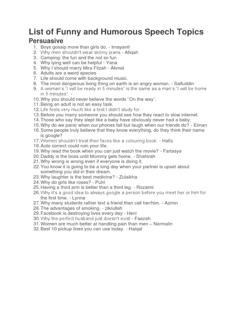List of Funny and Humorous Speech Topics | PDF