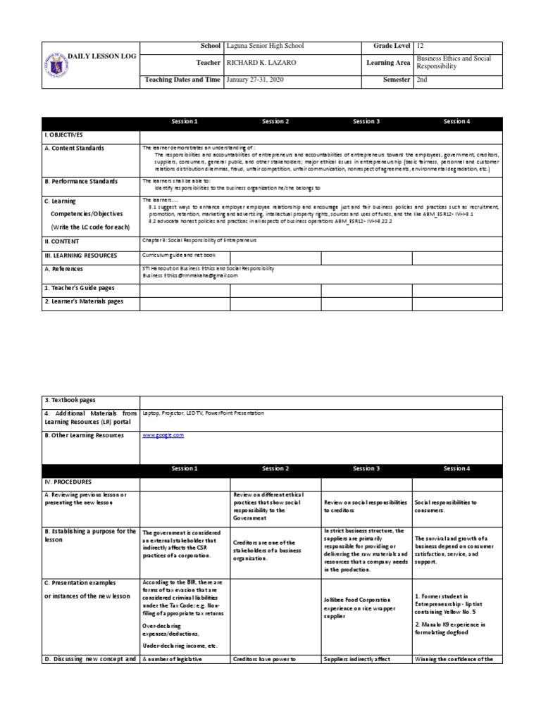 Business Ethics Lesson Plan for Grade 12 | PDF