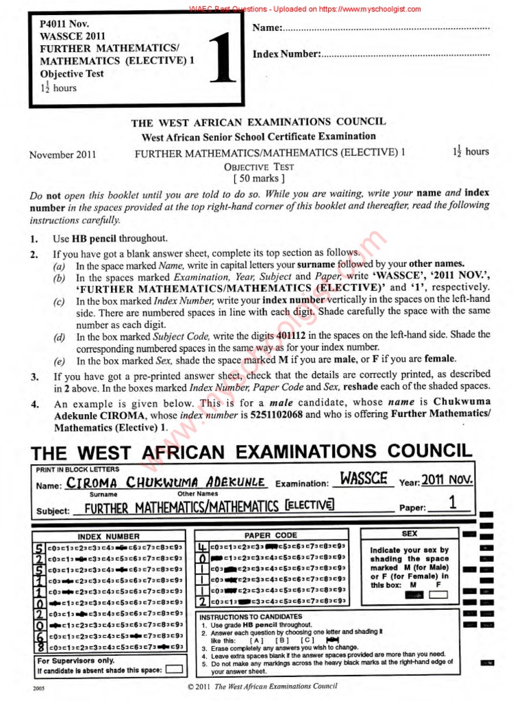 Waec Further Math November 2011 Obj Paper 1 | PDF
