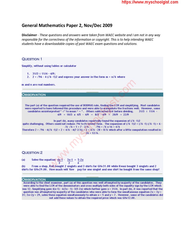 Waec Mathematics Past Questions and Answers Nov Dec 2009 | PDF