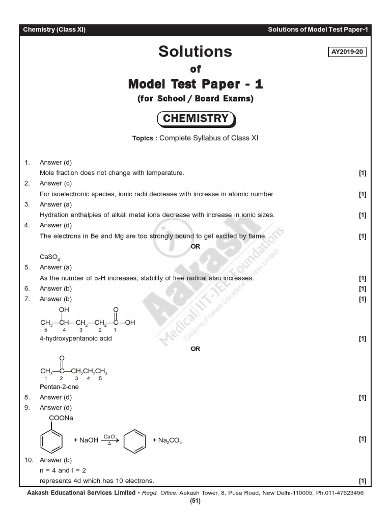 Aakash Model Test Papers Solutions XI Annually Chemistry PDF | PDF