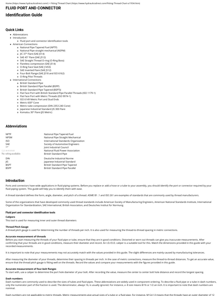 Hydraulic Fitting Thread Chart - Hydraulics Direct | PDF