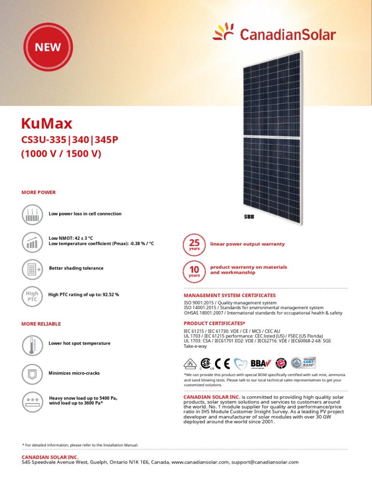 Canadian Solar KuMax CS3U P 5BB Solar Panel Datasheet | PDF