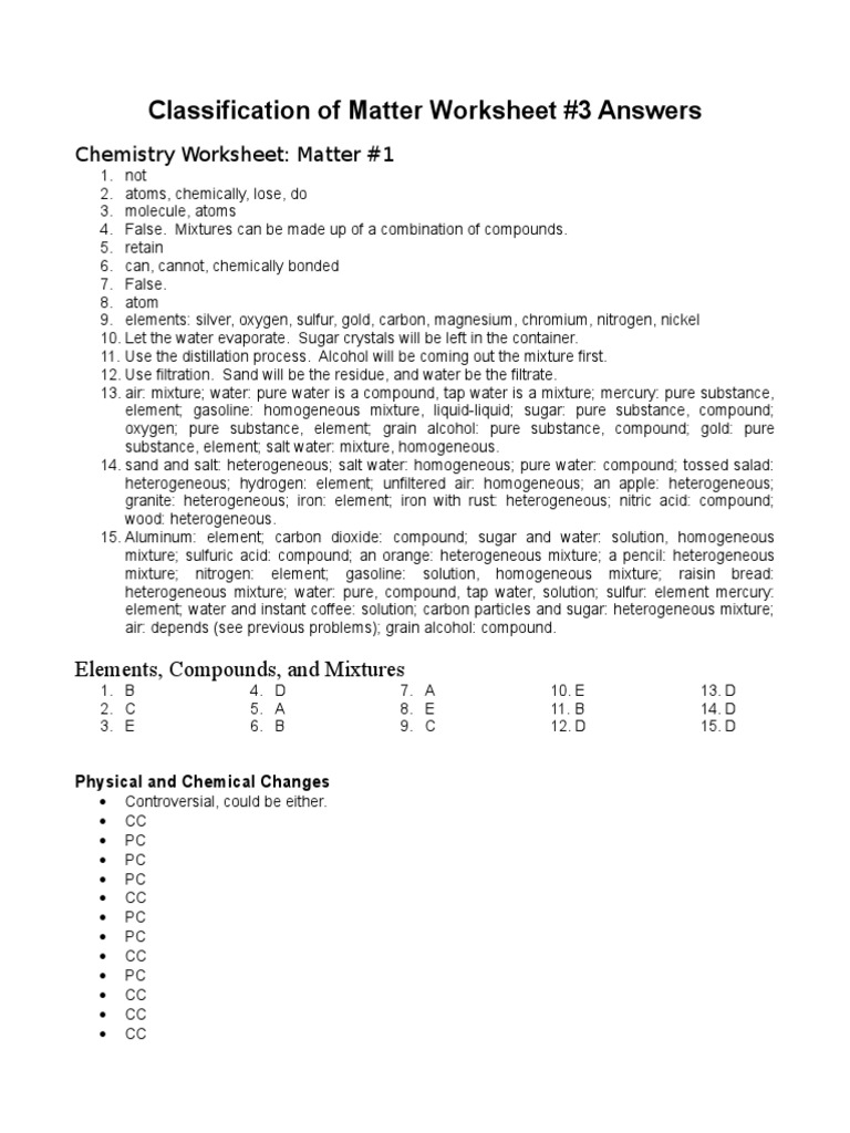 Classification of Matters Worksheet 3 Answers | PDF