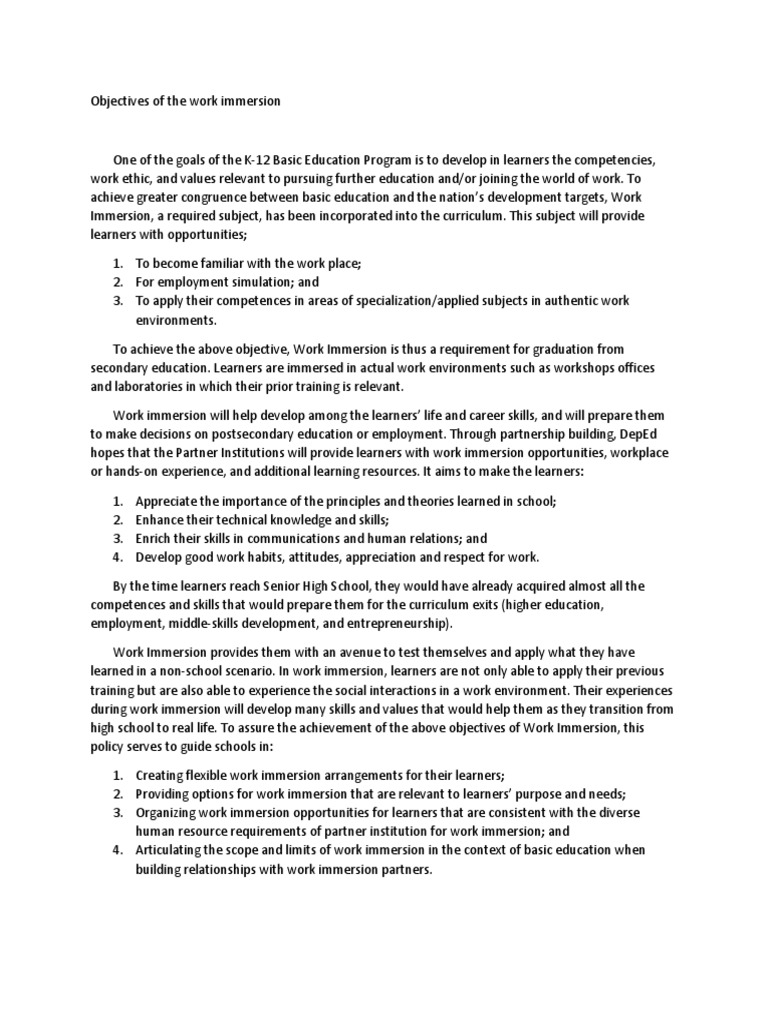 Work Immersion Objectives | PDF