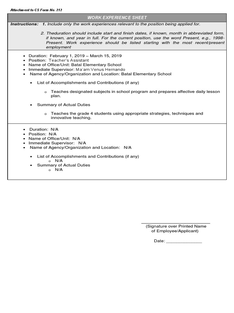 CS Form No. 212 Attachment - Work Experience Sheet | PDF