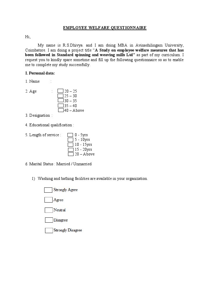 Employee Welfare Questionnaire | PDF