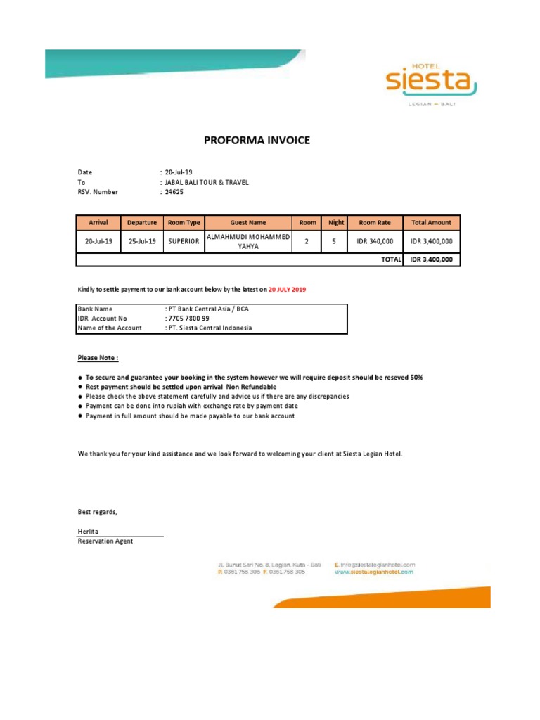 Proforma Invoice Jabal Bali Tour & Travel 24625 PDF | PDF