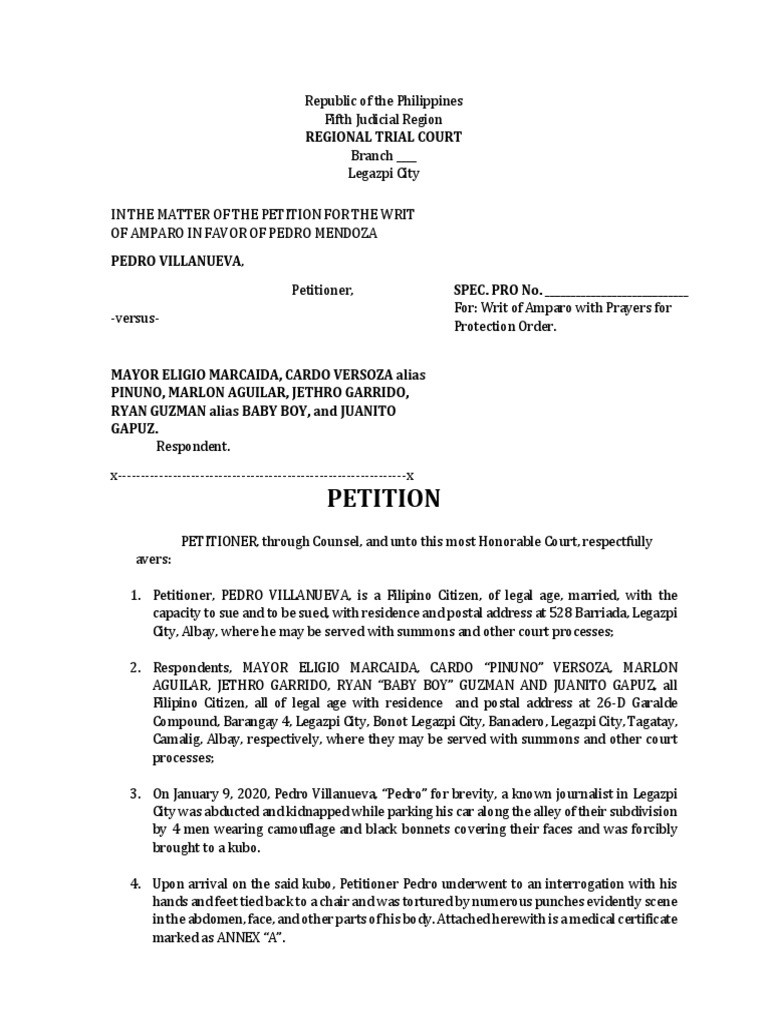 Sample - Petition For Writ of Amparo 2 | PDF