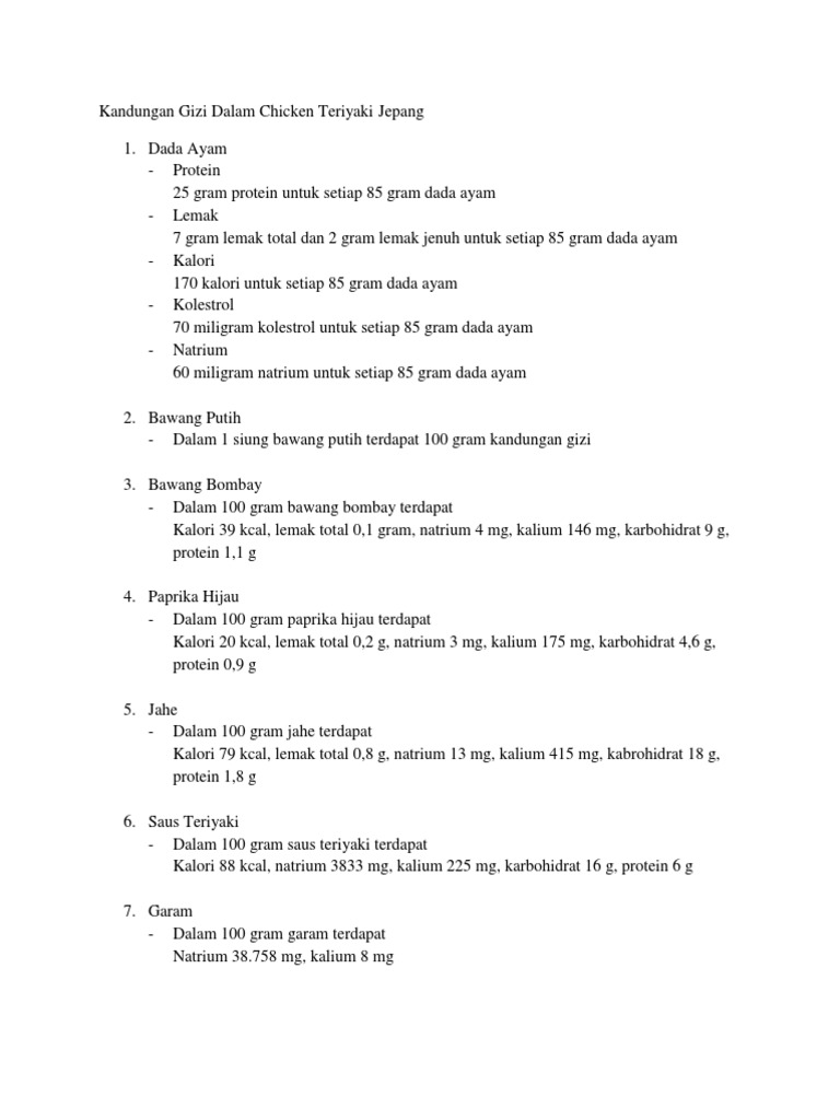 Gizi dan Kalori Chicken Teriyaki | PDF