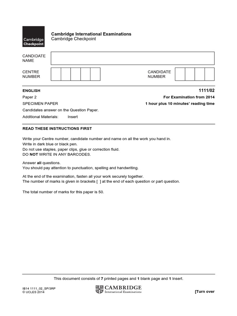 Secondary Checkpoint - English (1111) Specimen 2014 Paper 2 | PDF