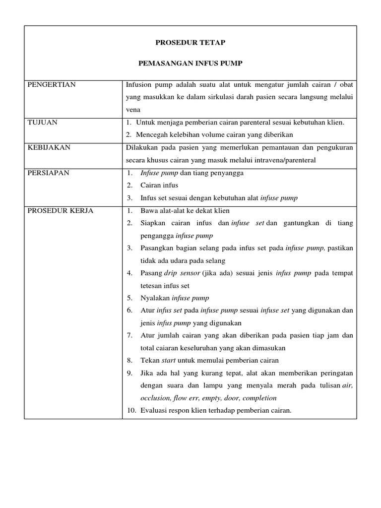 Sop Pemasangan Infus Pump | PDF