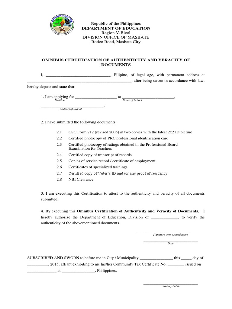 Omnibus Certification of Authenticity and Veracity of Documents | PDF