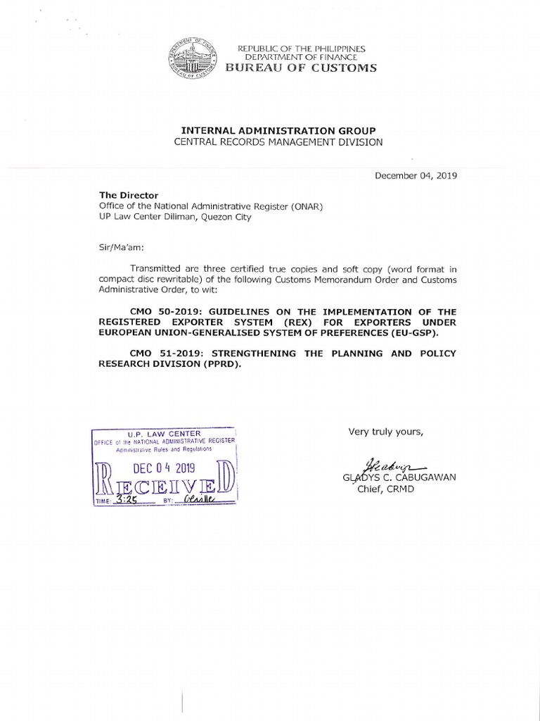 Cmo-50-2019-Guidelines On The Implementation of The Registered Exporter ...