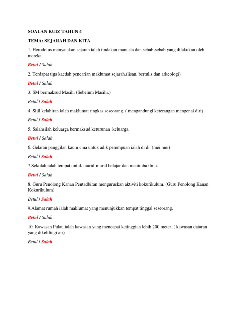 SOALAN KUIZ TAHUN 4 Set 1 | PDF