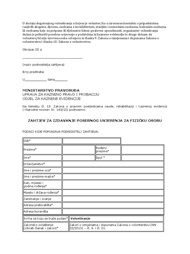 Zahtjev Za Izdavanje Posebnog Uvjerenja Za Fizičku Osobu | PDF