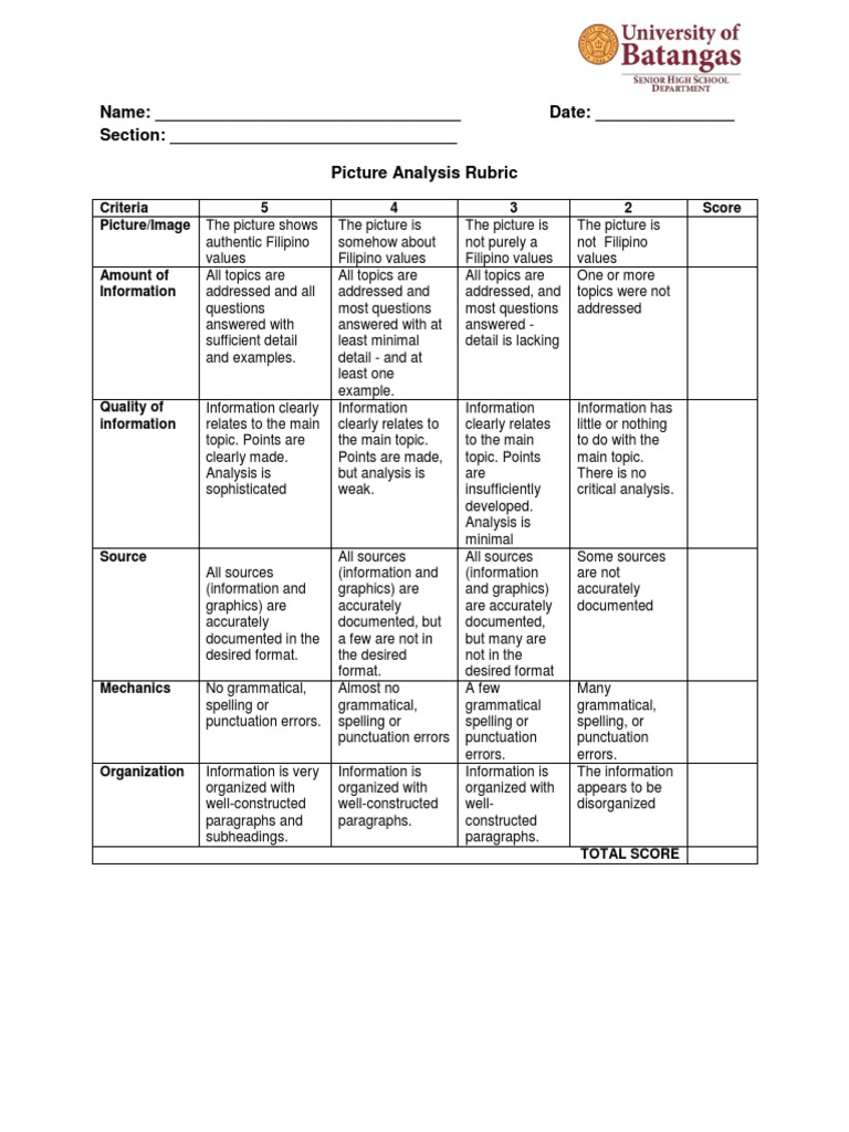 Rubrics For Picture Analysis | PDF