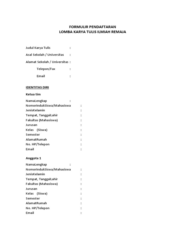 Formulir Lomba Karya Tulis Ilmiah | PDF
