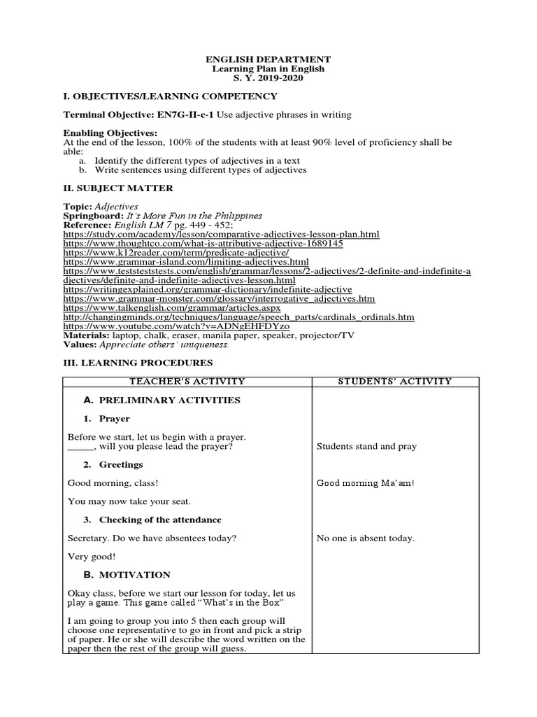 Grade 7 Adjectives Lesson Plan | PDF