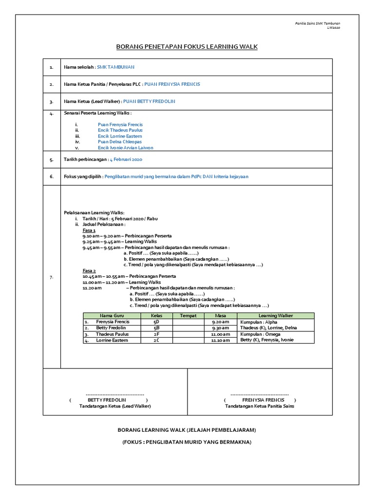 Borang Penetapan Fokus Learning Walk | PDF