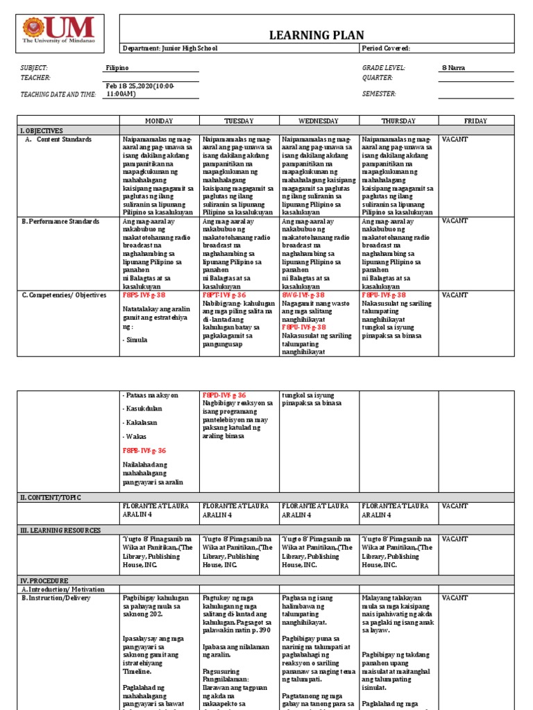 LEARNING PLAN Filipino 8 Week 4 | PDF