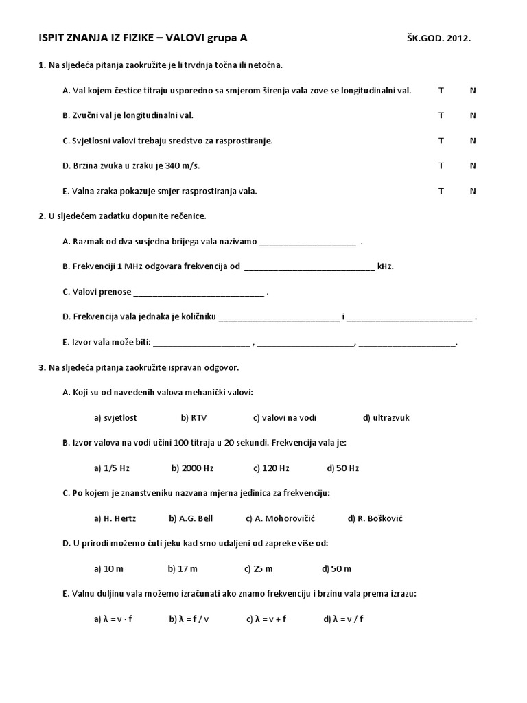 ISPIT ZNANJA IZ FIZIKE Â - VALOVI Grupa A | PDF