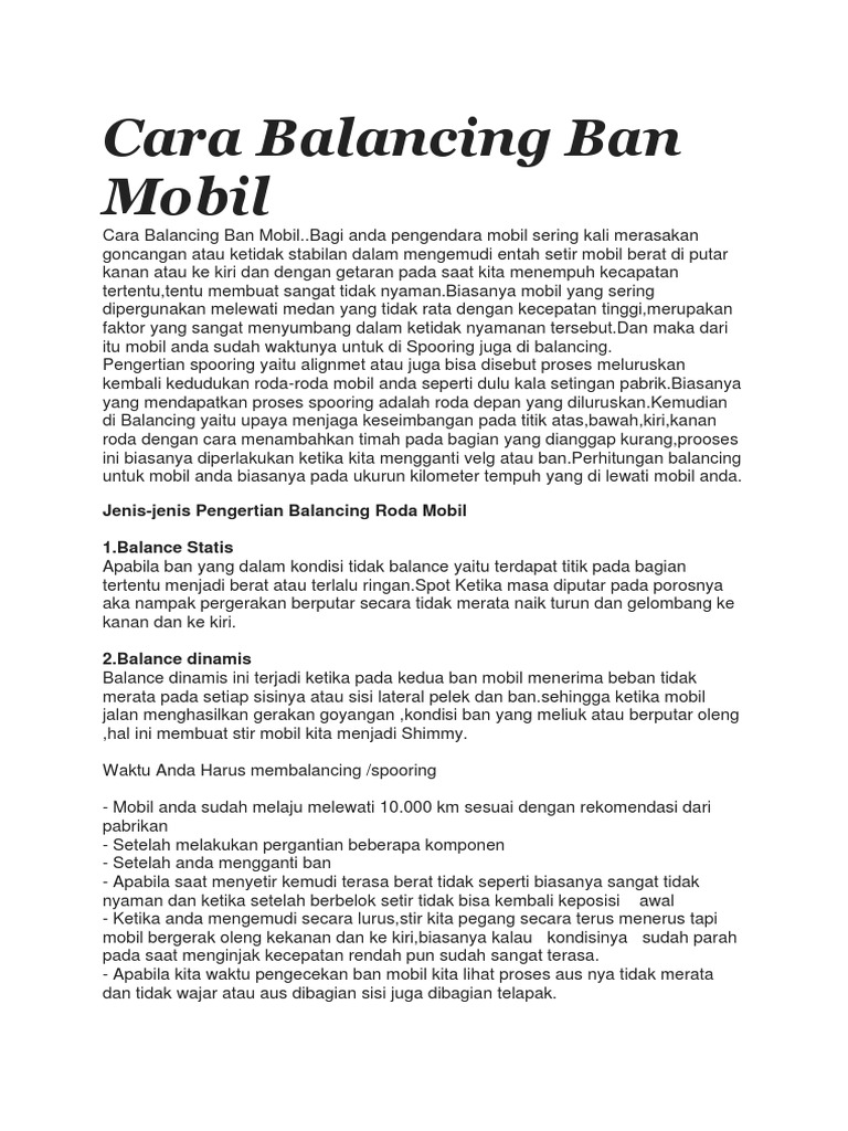 Panduan Lengkap Balancing Ban Mobil | PDF