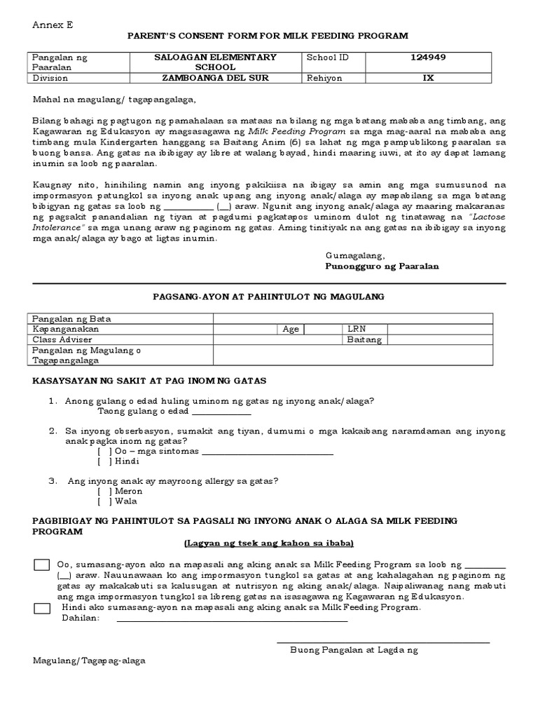 Annex E SBFP Milk Consent Form 1 | PDF