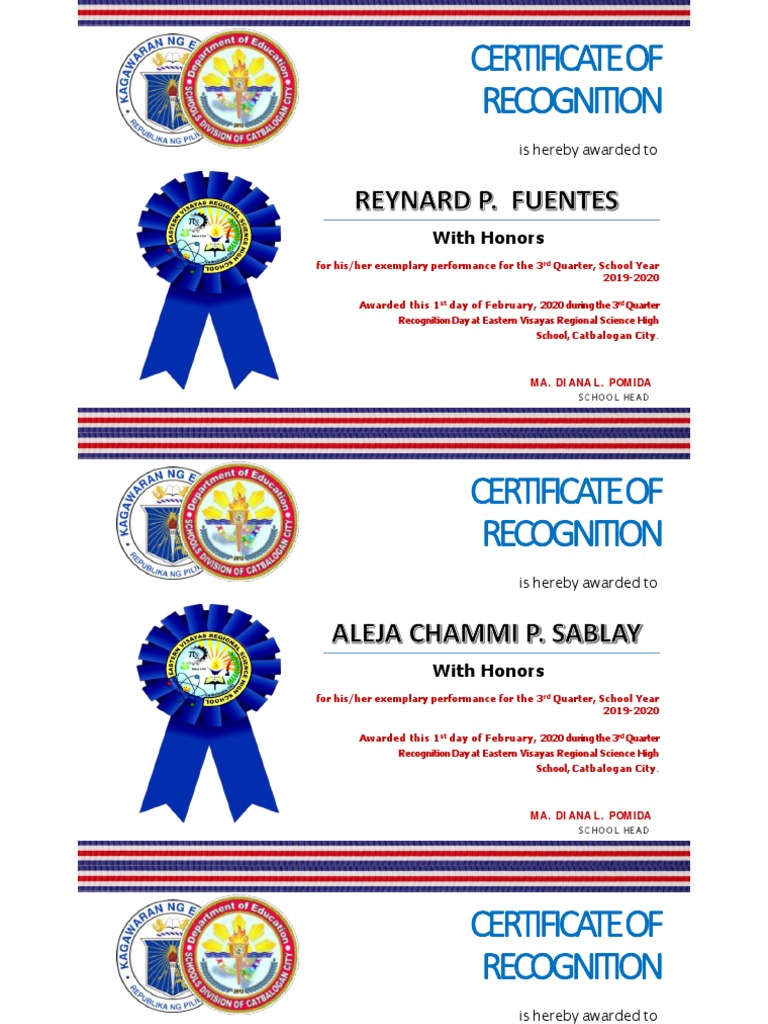 CERTIFICATE OF RECOGNITION 3rd Grading Template | PDF