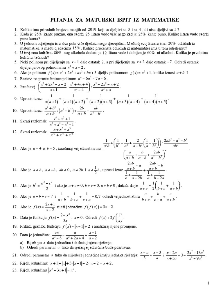 Pitanja Za Maturski Ispit Iz Matematike (2019-2020) 116391100 PDF | PDF