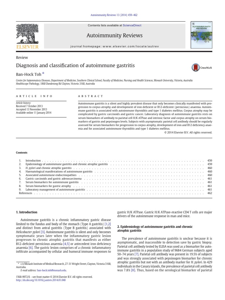 Diagnosis and Classification of Autoimmune Gastritis | PDF