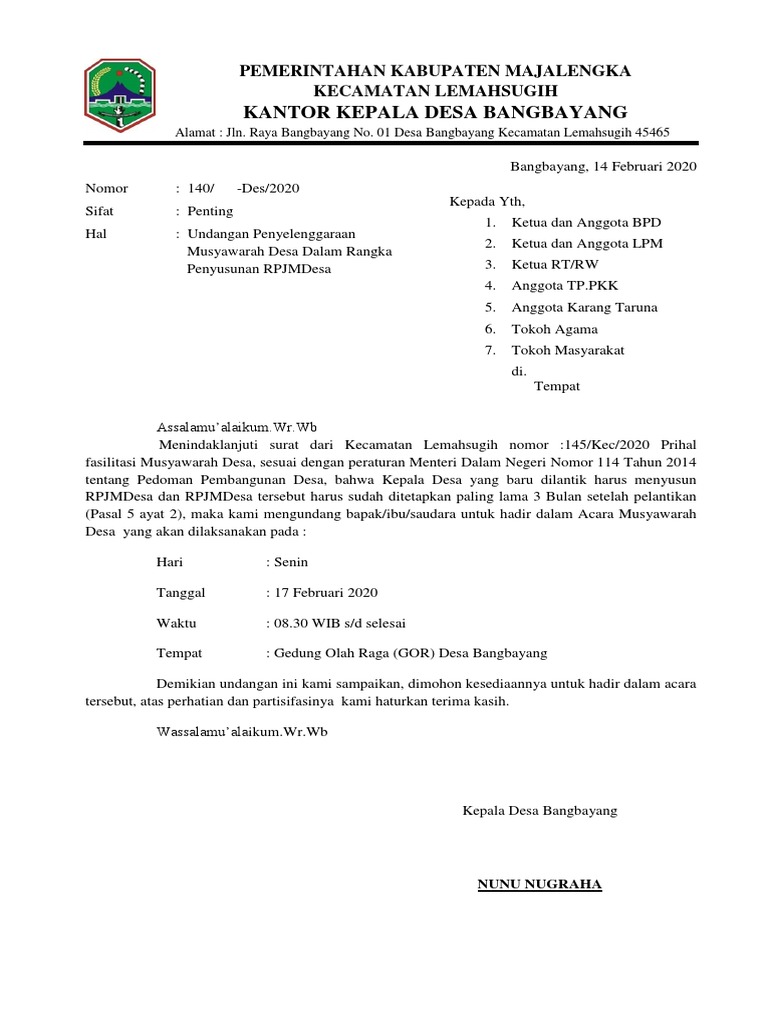 Undangan Musyawarah Desa Bangbayang | PDF