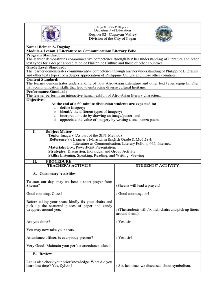 Detailed Lesson Plan in English Imagery | PDF Detailed Lesson Plan in English Imagery | PDF