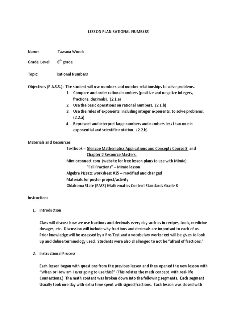 RATIONAL NUMBERS Lesson Plan PDF | PDF
