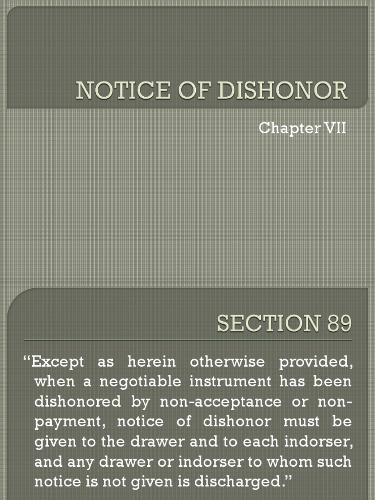 Notice of Dishonor in Negotiable Instruments | PDF