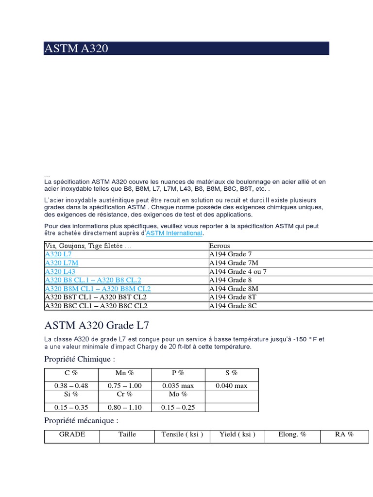 Normes ASTM A320 pour fixations inox | PDF