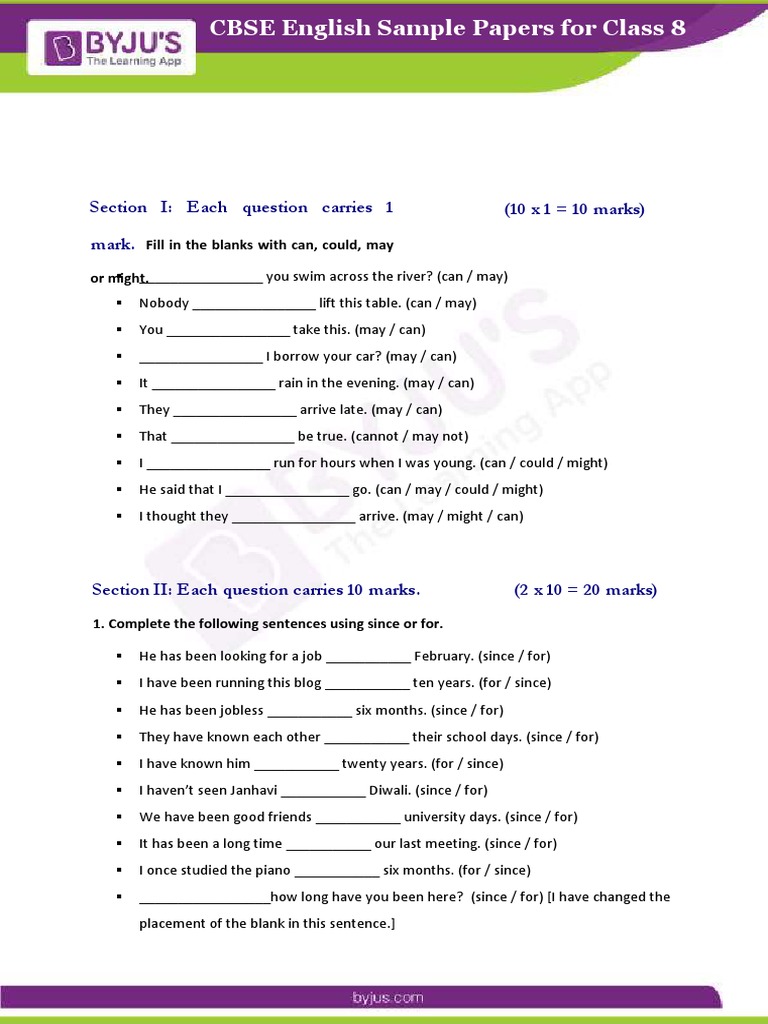 CBSE Class 8 English Sample Paper Er | PDF
