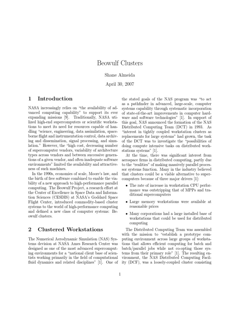 Beowulf Clusters Shane Almeida April 30 2007 Pdf Computer Cluster Computer Network