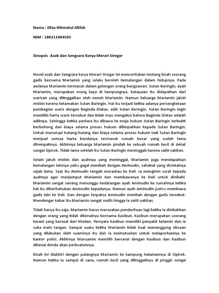 Penderitaan Seorang Gadis: Sinopsis Novel Azab dan Sengsara Karya ...