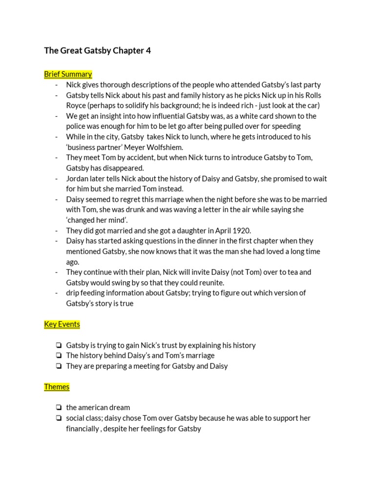 Great Gatsby Chapter 4 Summary & Analysis | PDF