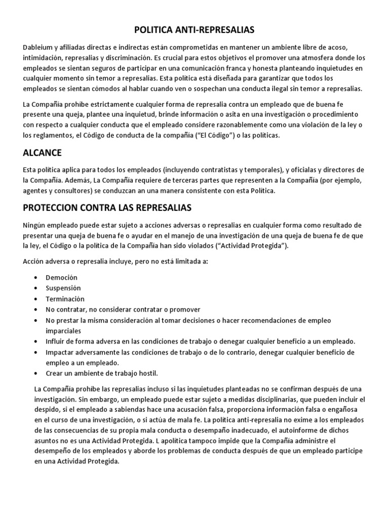 Política Anti-Represalias Laborales | PDF