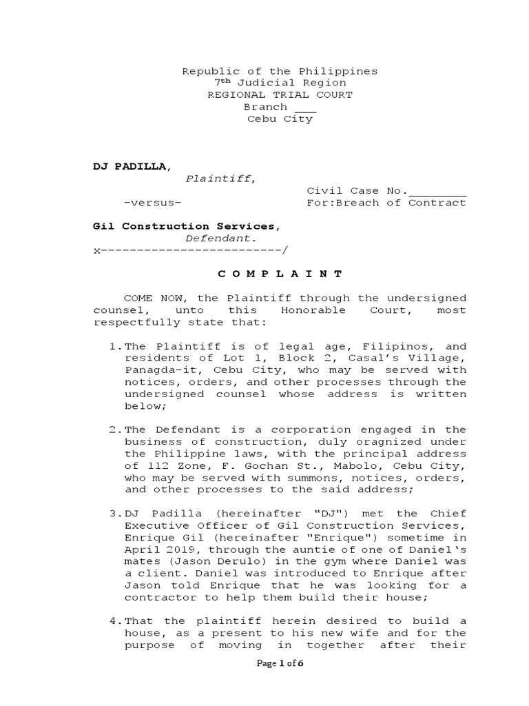Complaint for Breach of Contract and Damages Against Gil Construction ...