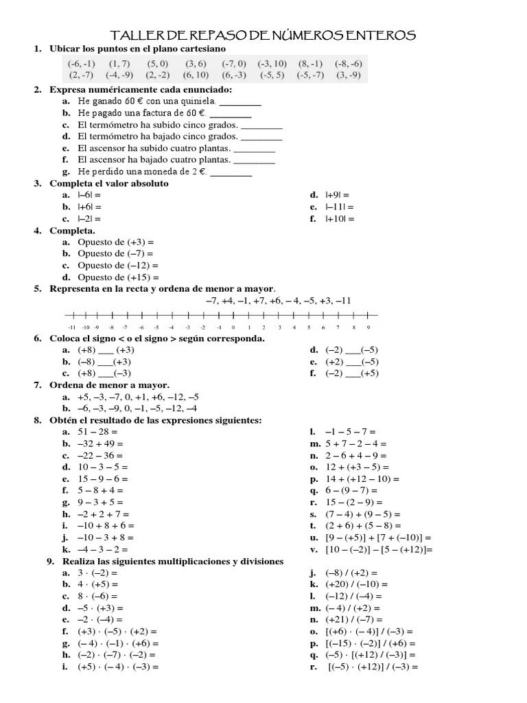 Taller de Repaso de Números Enteros | PDF