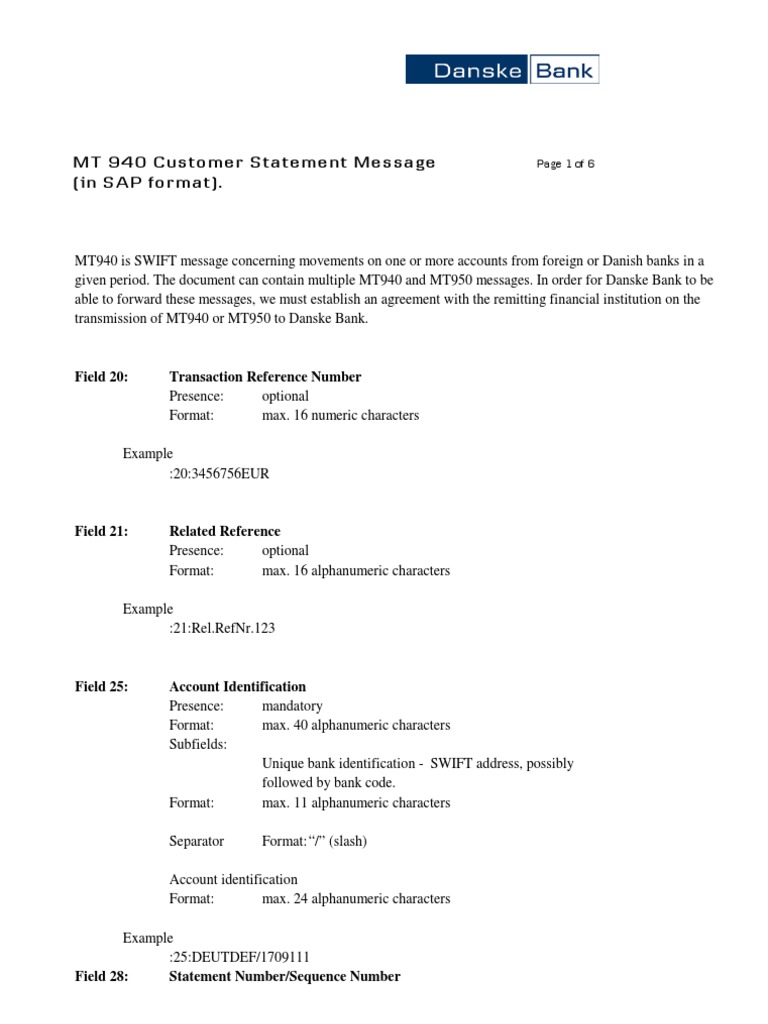 MT 940 Customer Statement Message (In SAP Format) .: Field 20 ...