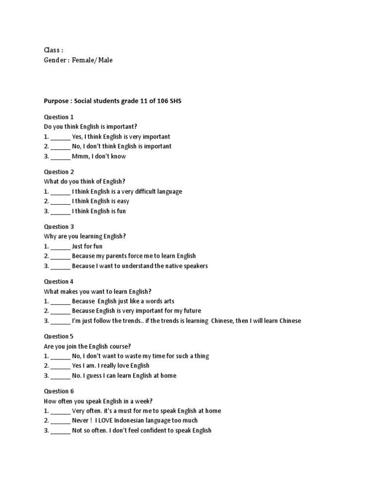 English Proficiency Questionnaire | PDF | English Language | Vocabulary English Proficiency Questionnaire | PDF | English Language | Vocabulary