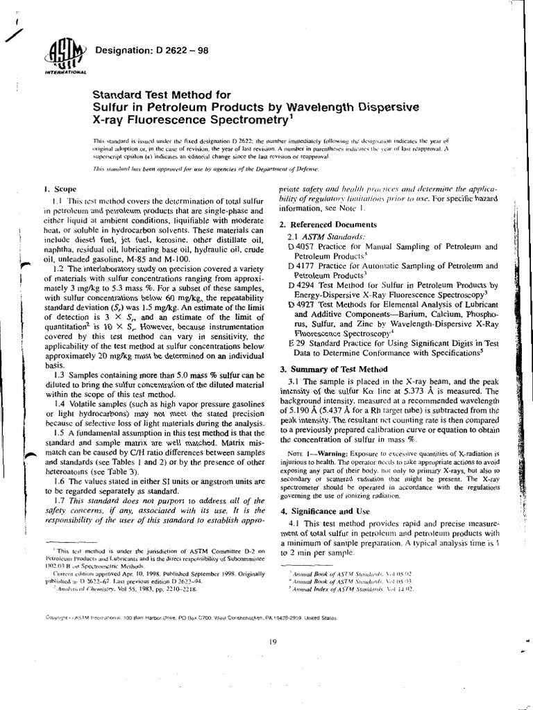 ASTM D 2622 - 98 - S in PETROLEUM PRODUCTS - WDXRF | PDF