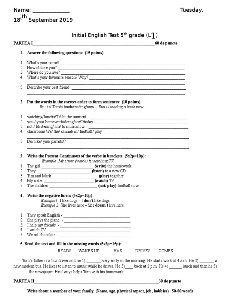 Initial Test 5th Grade 2019 | PDF | English Language | Languages
