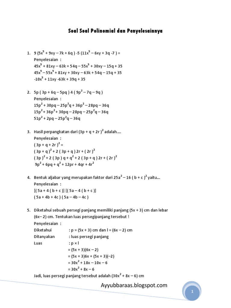 Soal Soal Polinomial Dan Penyelesainnya | PDF