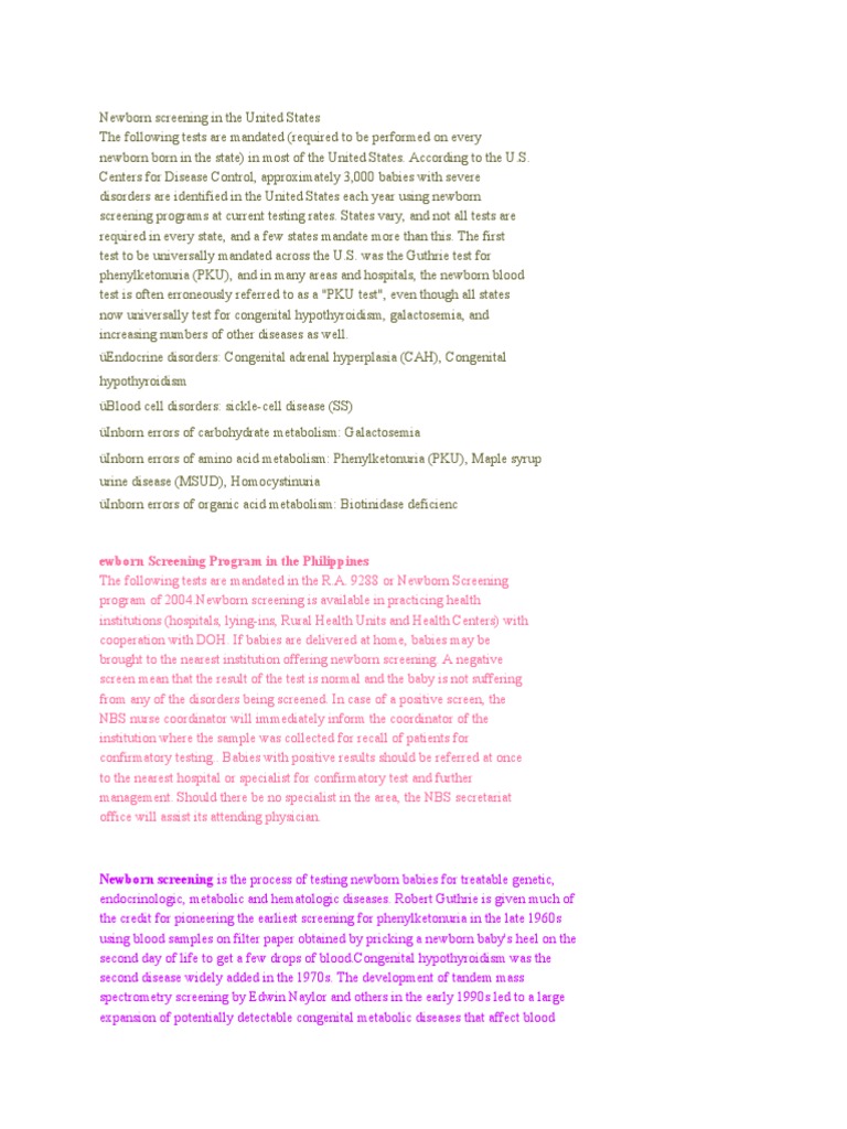 Newborn Screening Tests in the U.S. | PDF | Genetic Disorder | Endocrine